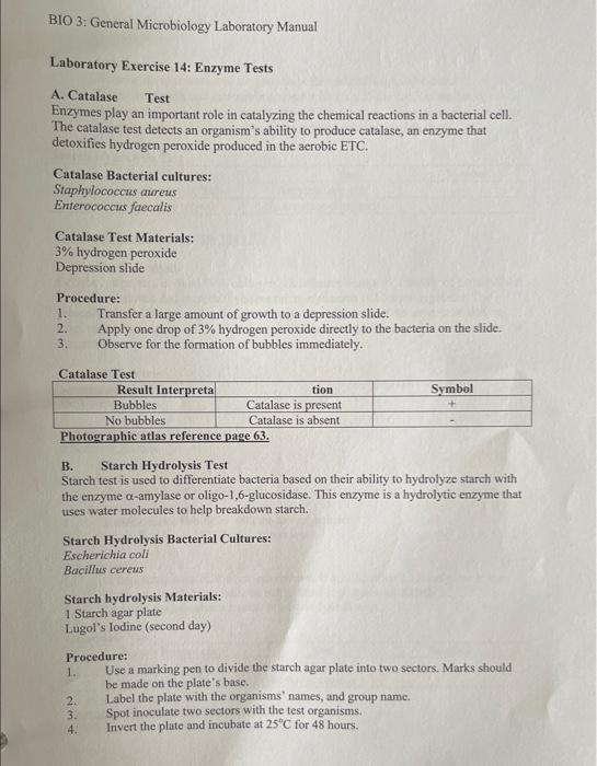 Solved Laboratory Exercise 14: Enzyme Tests A. Catalase Test | Chegg.com