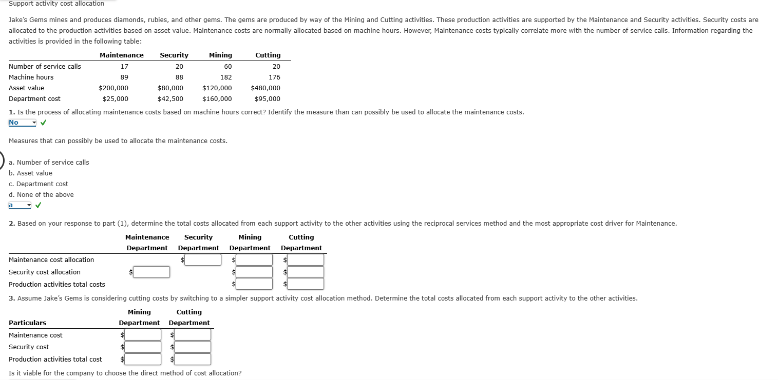 Solved Support activity cost allocation activities is | Chegg.com