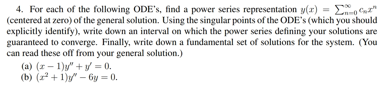 For each of the following ODE's, find a power series | Chegg.com