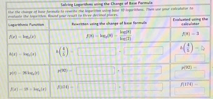 Solved Solving Logarithms using the Change of Base Formula | Chegg.com