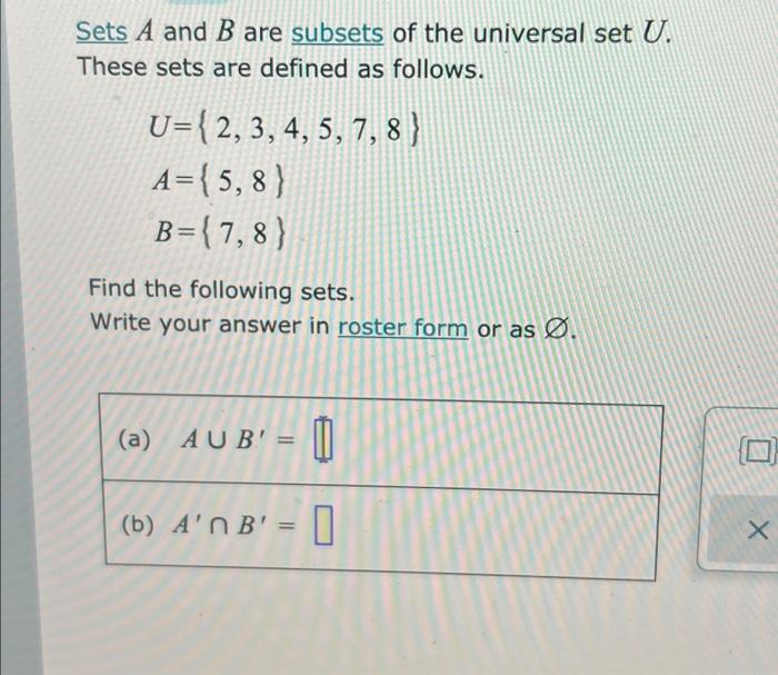 Solved Sets A and B are subsets of the universal set U. | Chegg.com
