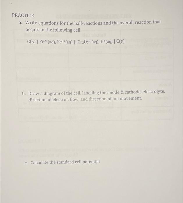 Solved PRACTICE a. Write equations for the half-reactions | Chegg.com