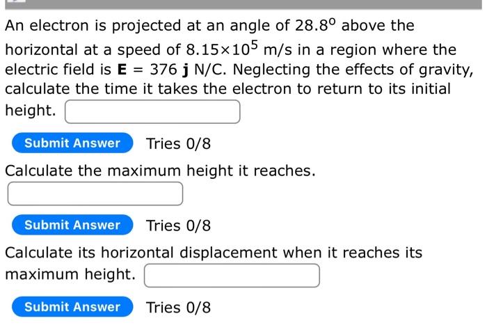 Solved An electron is projected at an angle of 28.8∘ above | Chegg.com
