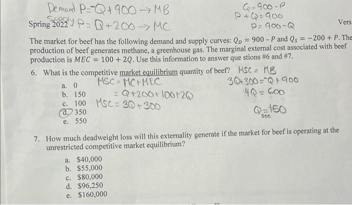 Solved The market for beef has the following demand and | Chegg.com