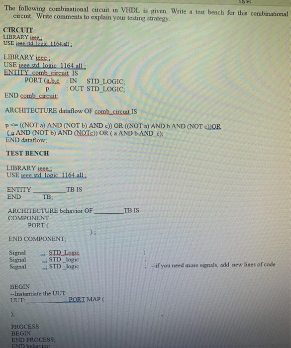 Styles The following combinational circuit in VHDL | Chegg.com