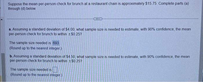 Solved Suppose the mean per-person check for brunch at a | Chegg.com