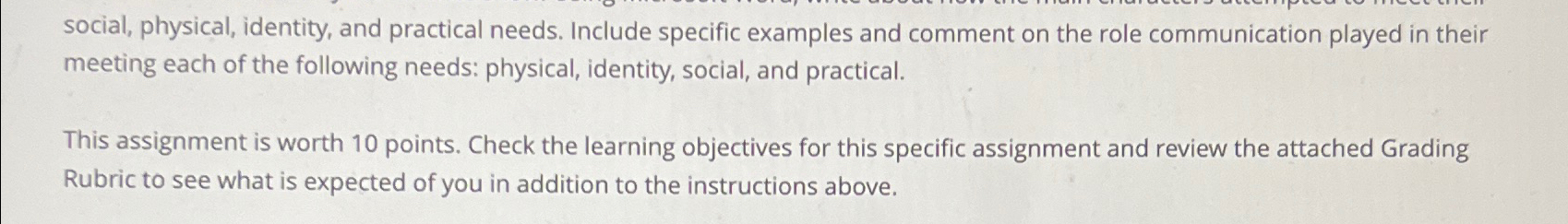 Solved social, physical, identity, and practical needs. | Chegg.com
