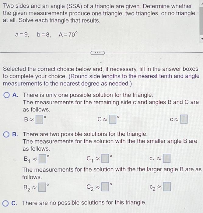 Solved Two sides and an angle (SSA) of a triangle are given. | Chegg.com