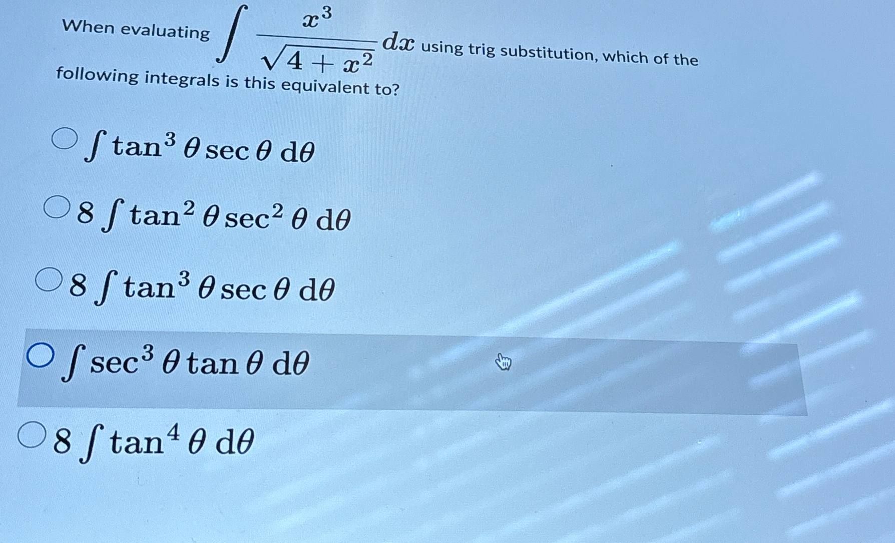 Solved When evaluating ∫﻿﻿x34+x22dx ﻿using trig | Chegg.com
