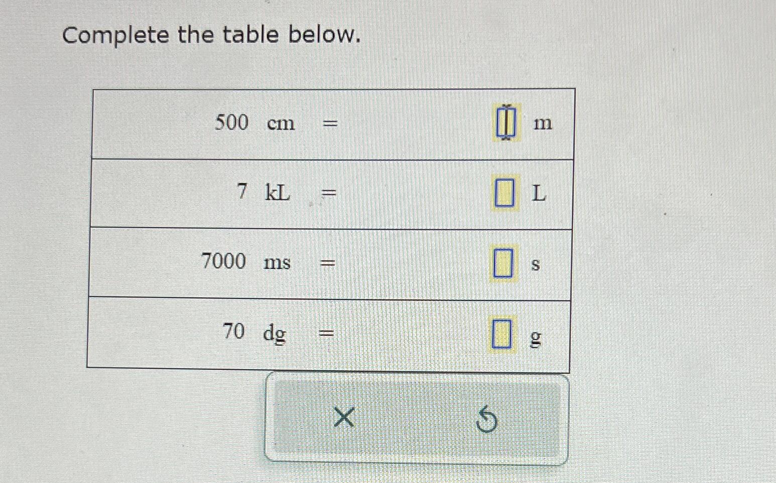 Solved Complete the table below.\table[[500cm=,【] m | Chegg.com