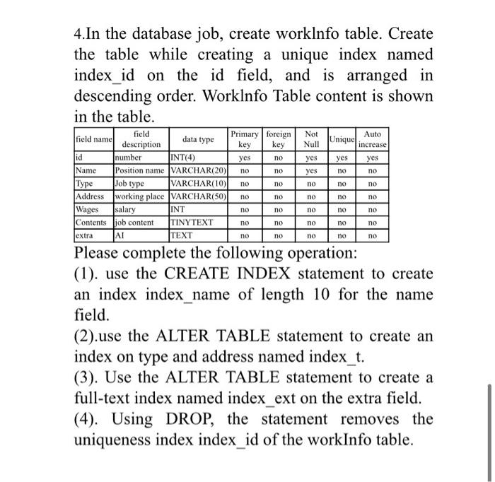 4.In the database job, create worklnfo table. Create | Chegg.com
