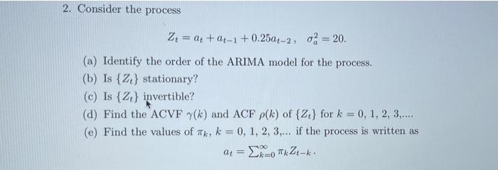 Solved 2. Consider the process Zt=at+at−1+0.25at−2,σa2=20. | Chegg.com
