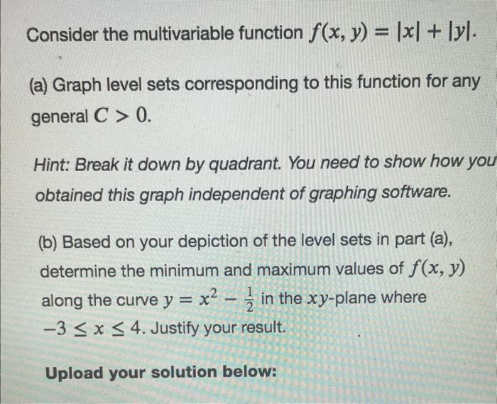 Solved Consider the multivariable function f(x,y)=∣x∣+∣y∣. | Chegg.com