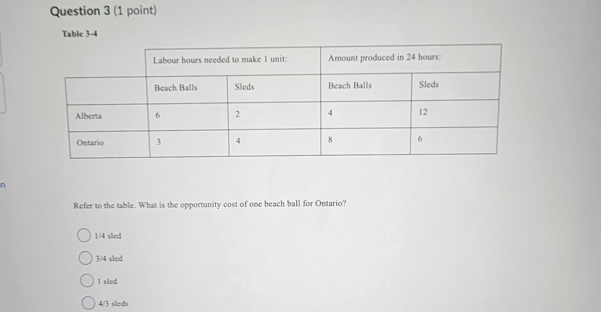 Solved Question 3 (1 ﻿point)Table 3-4\table[[,Labour hours | Chegg.com