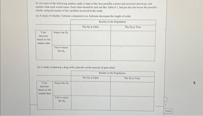 Solved 3a. For each of the following studies, make a chart | Chegg.com