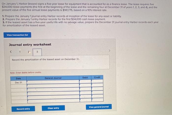 Solved Help On January 1, Harbor (lessee) signs a five-year | Chegg.com