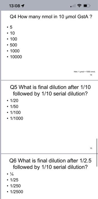 Solved 13:08 Q4 How many nmol in 10 pmol GstA? .5 . 10 . 100 | Chegg.com