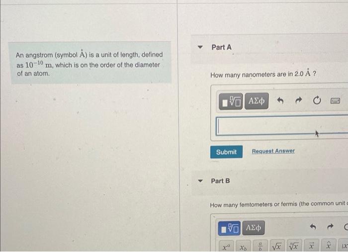Solved An angstrom (symbol Å) is a unit of length, defined | Chegg.com