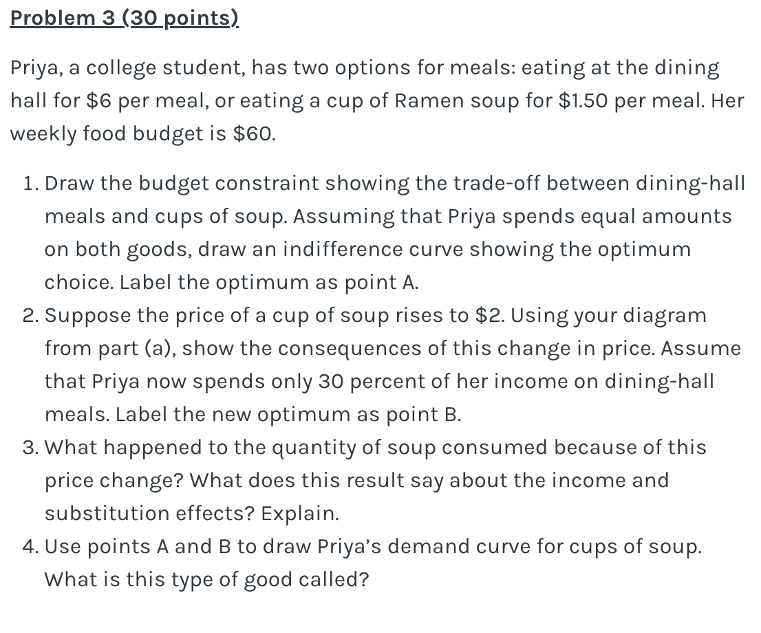 Solved Problem 3 (30 ﻿points).Priya, a college student, has | Chegg.com
