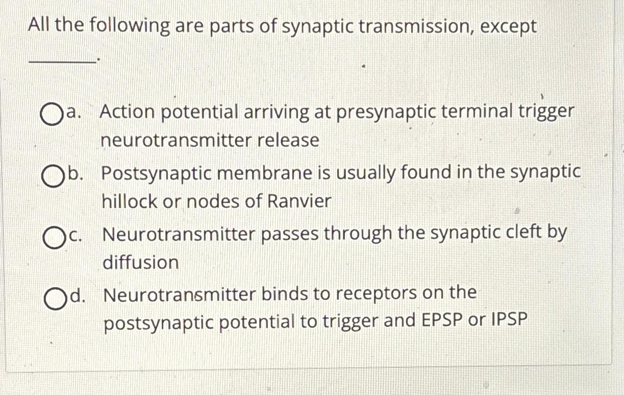 Solved All the following are parts of synaptic transmission, | Chegg.com