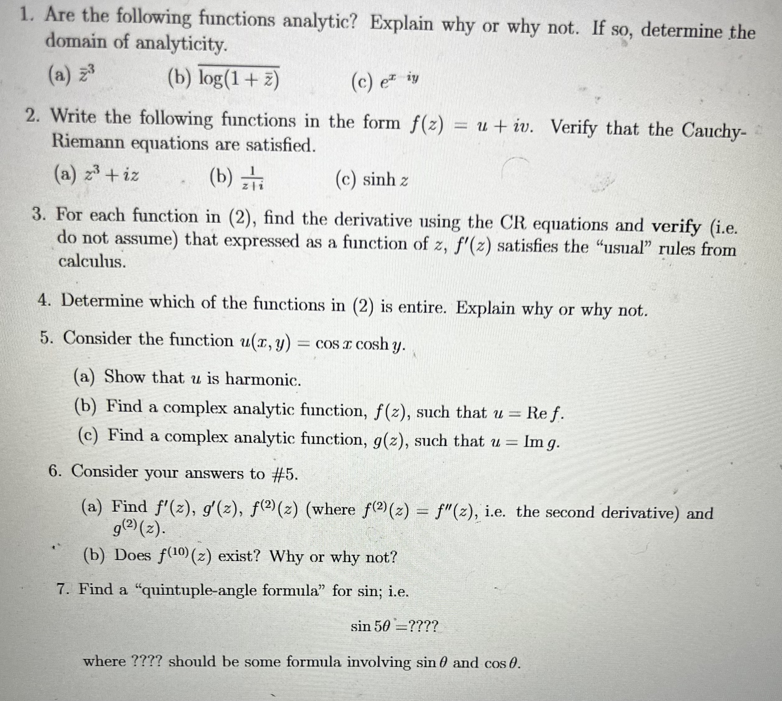 Are the following functions analytic? Explain why or | Chegg.com