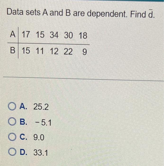 Solved Data sets A and B are dependent. Find dˉ. A. 25.2 B. | Chegg.com