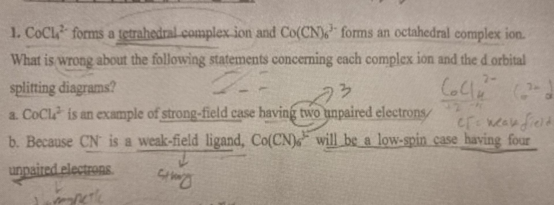 Solved 1 Cocl2 Forms A Tetrahedral Complex Ion And Co Cn