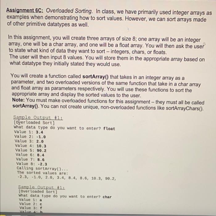 Solved Assignment 6C: Overloaded Sorting. In class, we have | Chegg.com