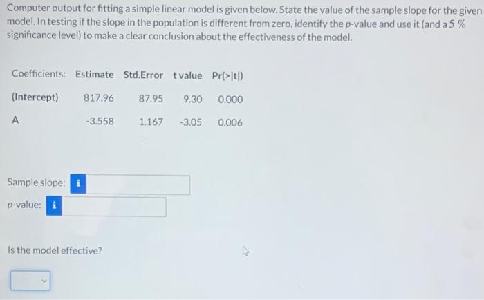 Solved Computer output for fitting a simple linear model is | Chegg.com