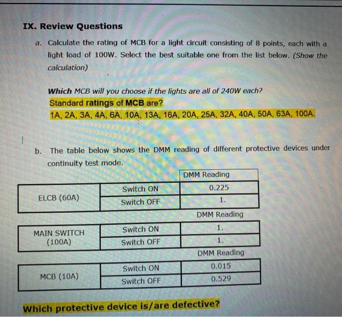 Solved IX. Review Questions a. Calculate the rating of MCB | Chegg.com