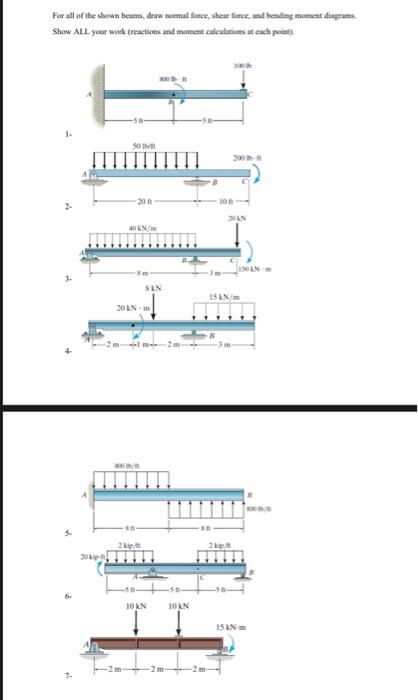 Solved For all of the shown beams, draw normal force, she | Chegg.com