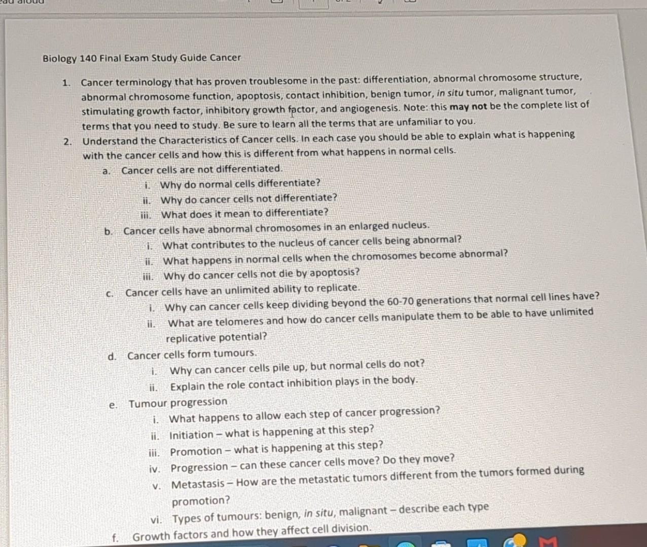 Biology 140 Final Exam Study Guide Cancer 1. Cancer | Chegg.com