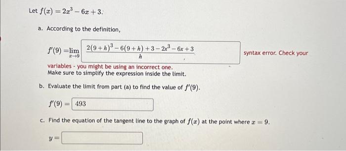 Solved Let f(x)=2x3−6x+3 a. According to the definition, | Chegg.com