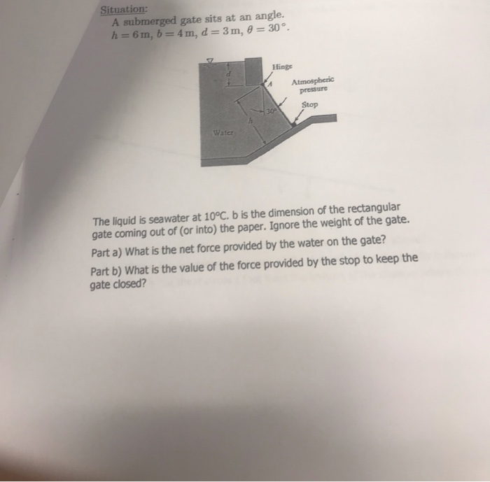 Solved Situation: A submerged gate sits at an angle. h = 6m, | Chegg.com