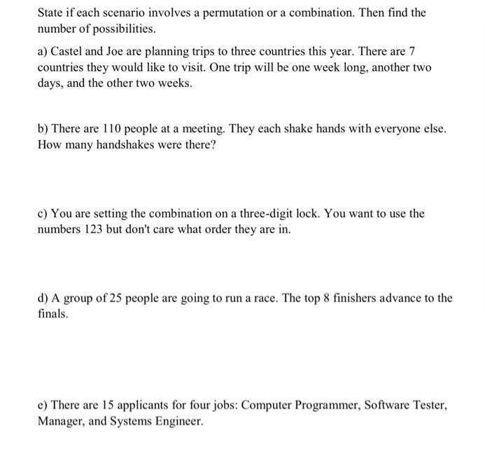 Solved State if each scenario involves a permutation or a | Chegg.com