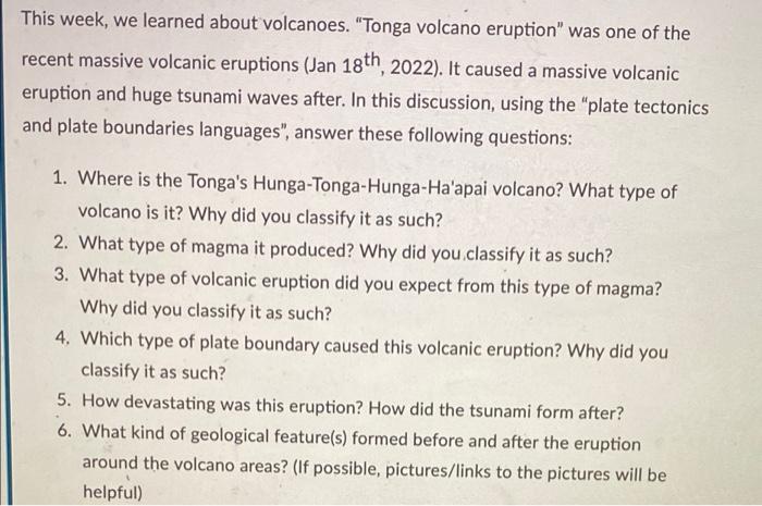 Solved This week, we learned about volcanoes. "Tonga volcano | Chegg.com
