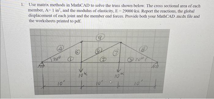 1. Use matrix-methods in MathCAD to solve the truss | Chegg.com
