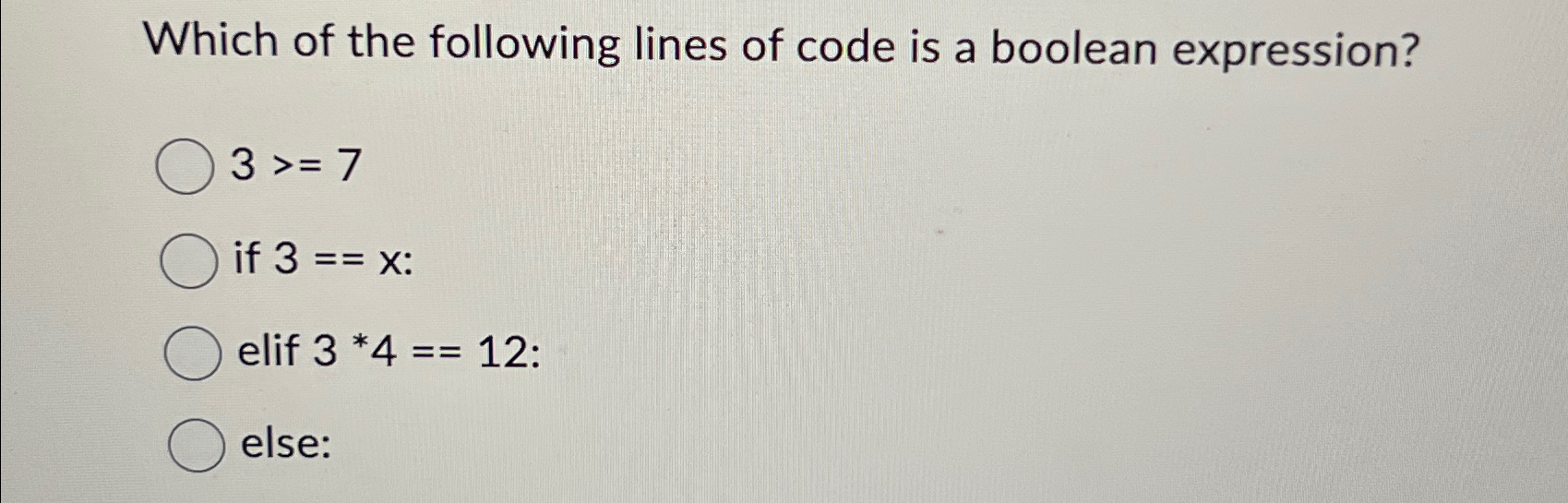 Solved Which of the following lines of code is a boolean | Chegg.com
