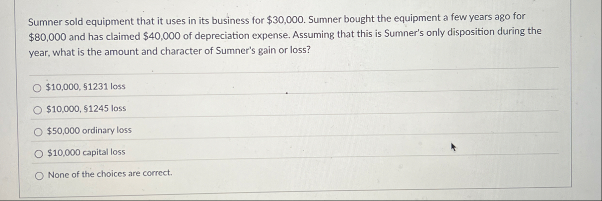Solved Sumner sold equipment that it uses in its business | Chegg.com