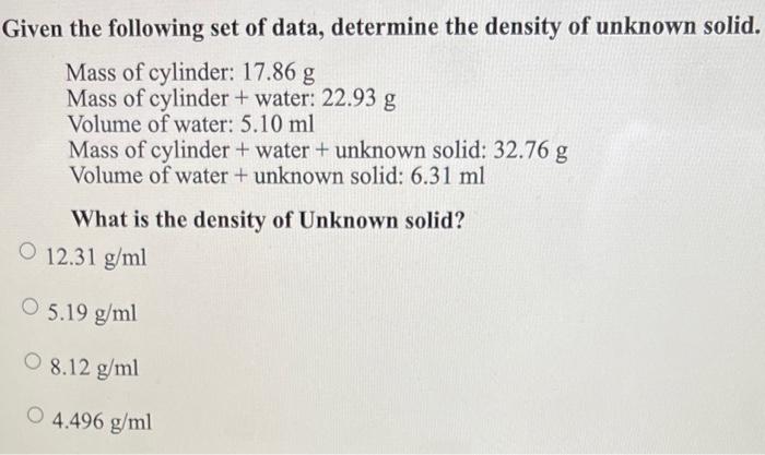 Solved Given the following set of data, determine the | Chegg.com
