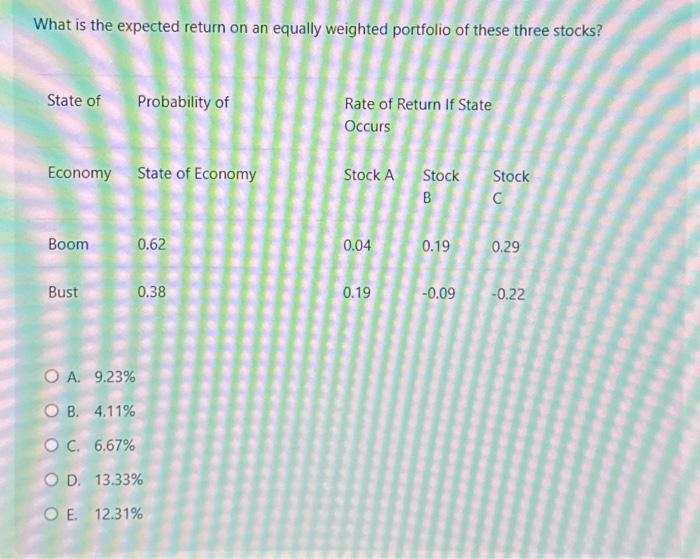Solved What is the expected return on an equally weighted | Chegg.com