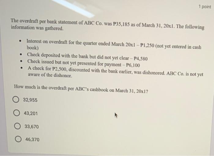Solved 1 point The overdraft per bank statement of ABC Co. | Chegg.com