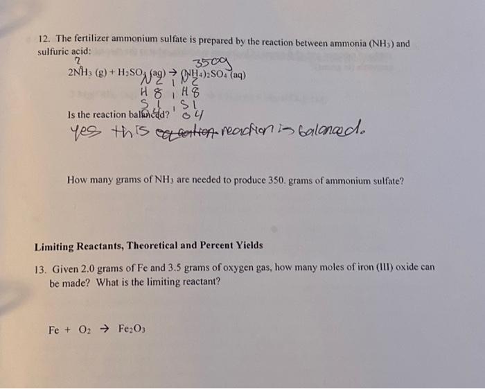 Solved 12. The fertilizer ammonium sulfate is prepared by | Chegg.com