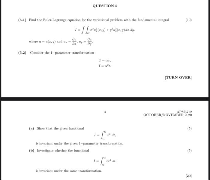Solved 5 1 Find The Euler Lagrange Equation For The