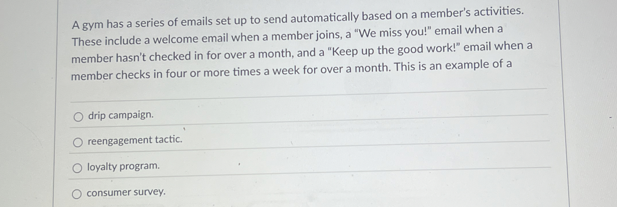 Solved A gym has a series of emails set up to send | Chegg.com
