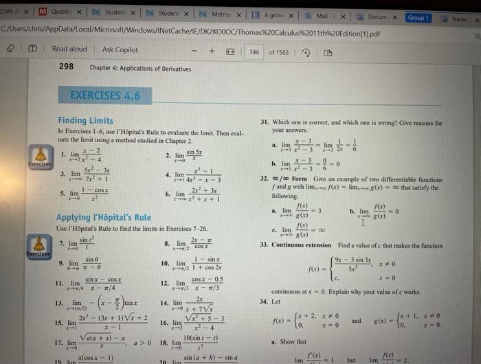Solved Finding Limits In Exercises 1-6, use THôpital's Rule | Chegg.com