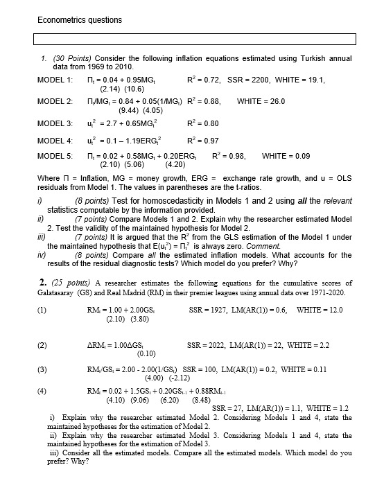 Solved Econometrics questions(30 ﻿Points) ﻿Consider the | Chegg.com