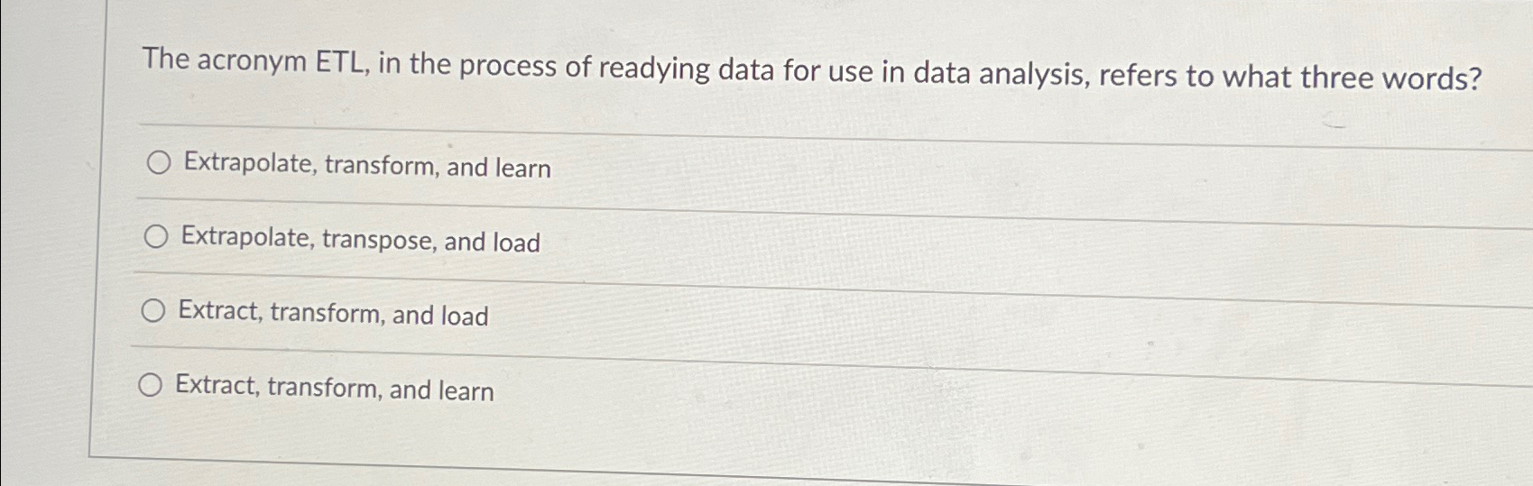 Solved The acronym ETL, in the process of readying data for | Chegg.com