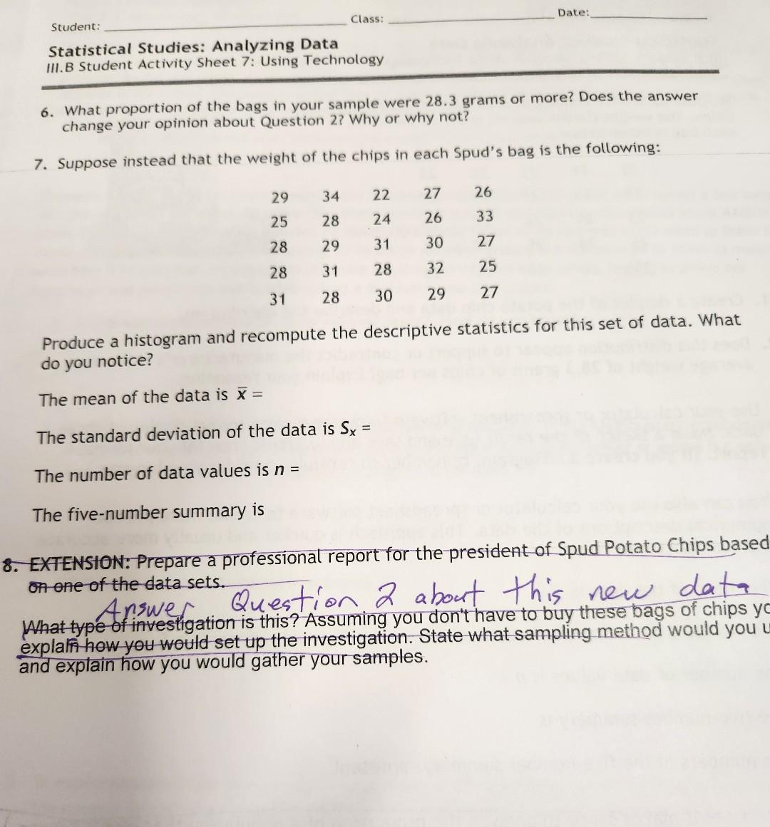 Statistical Studies: Analyzing Data III. B Student | Chegg.com