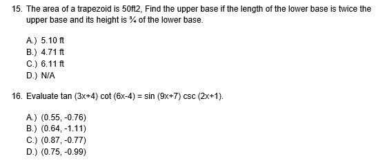 Solved 15. The area of a trapezoid is 50ft2, Find the upper | Chegg.com